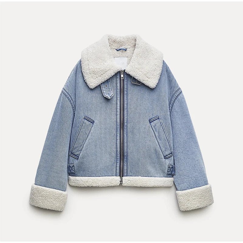 Sherpa Lined Denim Aviator Jacket with Oversized Lapel Collar and Full ...